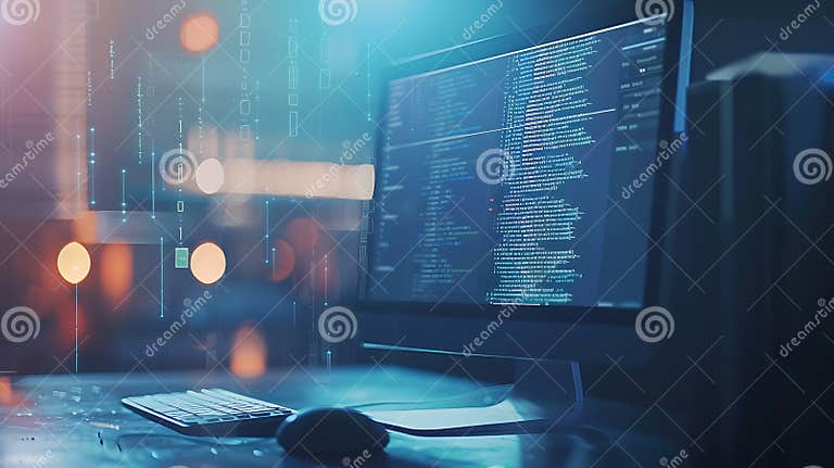 Blue and Green Coding on Computer Screen with Keyboard and Mouse in Digital Workspace Stock ...