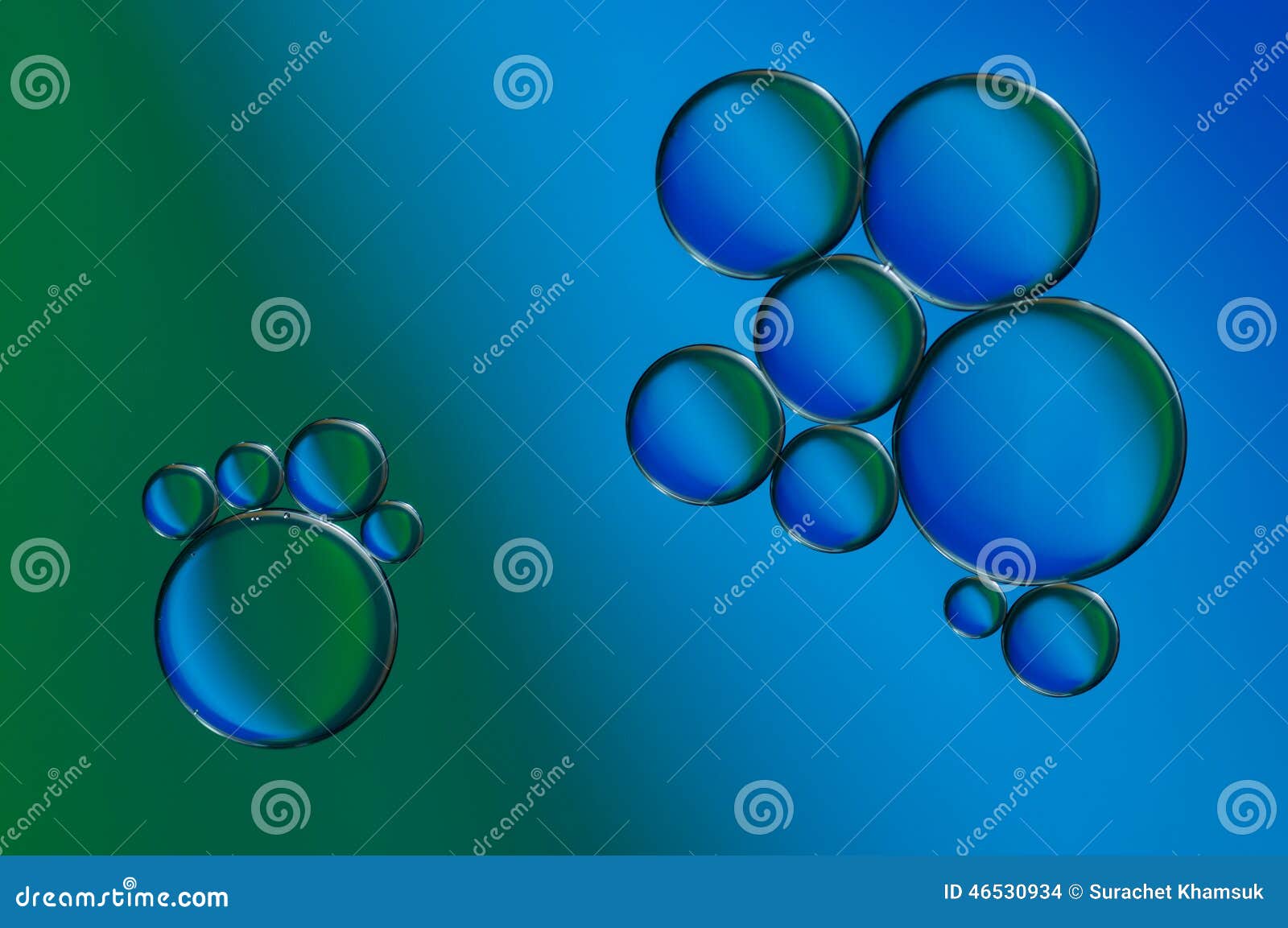 Blue and Green Drops of Oil and Air Bubbles on the Water Stock Photo ...