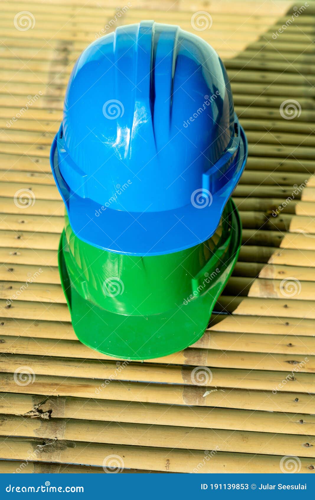 Blue and Green Hard Safety Helmet Hat for Safety Workman. Stock Image ...