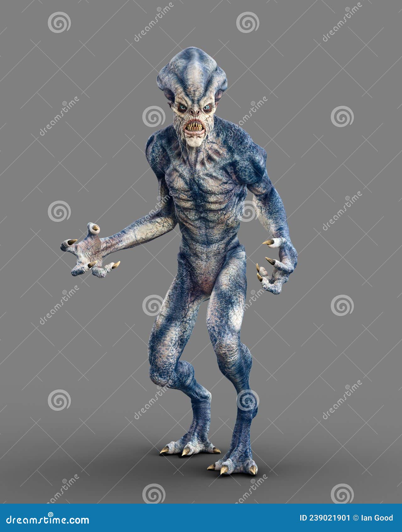Blue Grey Skinned Alien Monster with Sharp Teeth Standing in Menacing ...