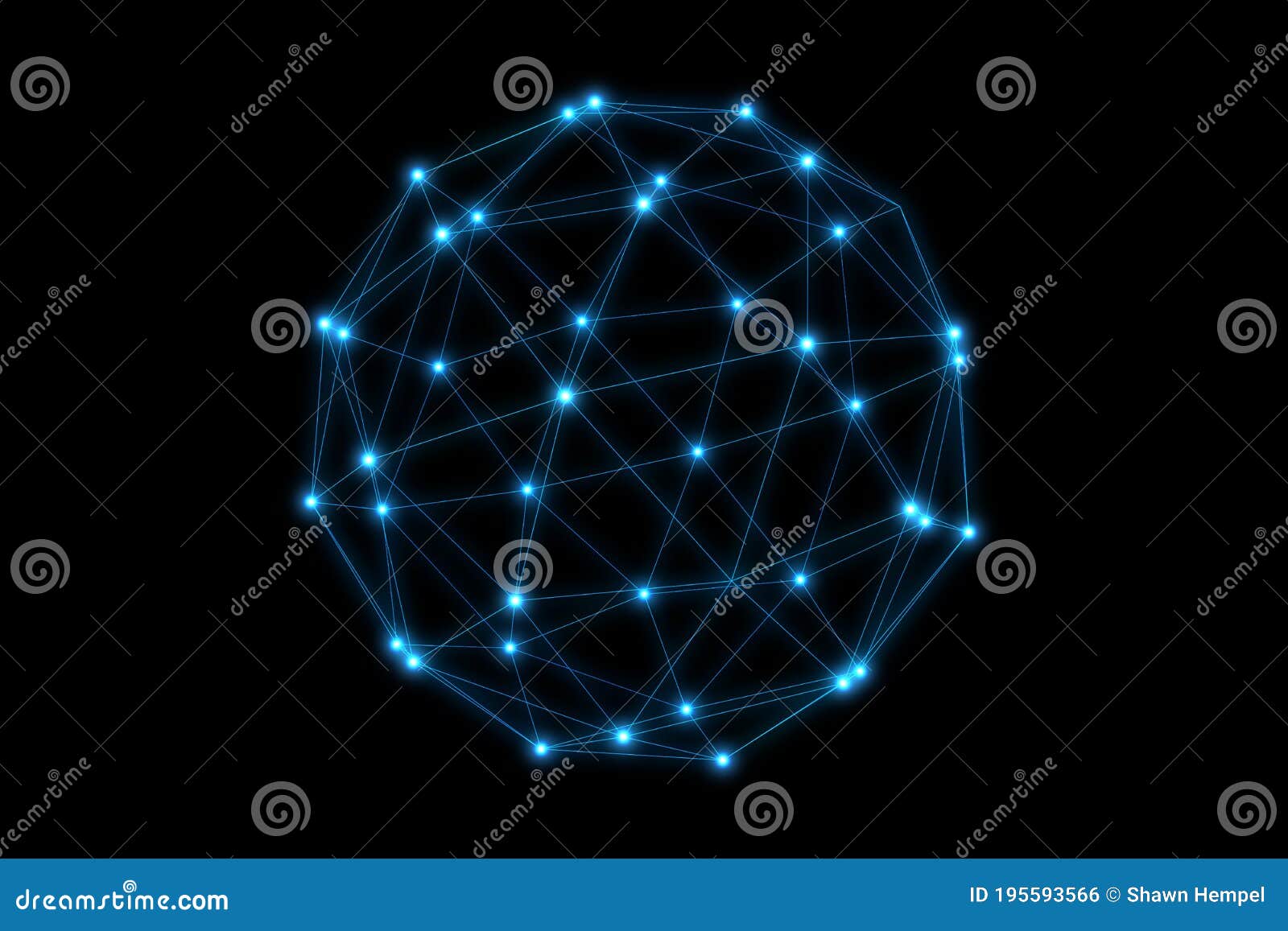 Blue Grid Network Sphere with Glowing Nodes Over Black Background ...