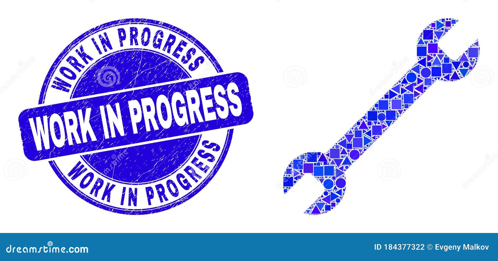 Blue Grunge Work in Progress Stamp and Settings Gear Mosaic Stock ...