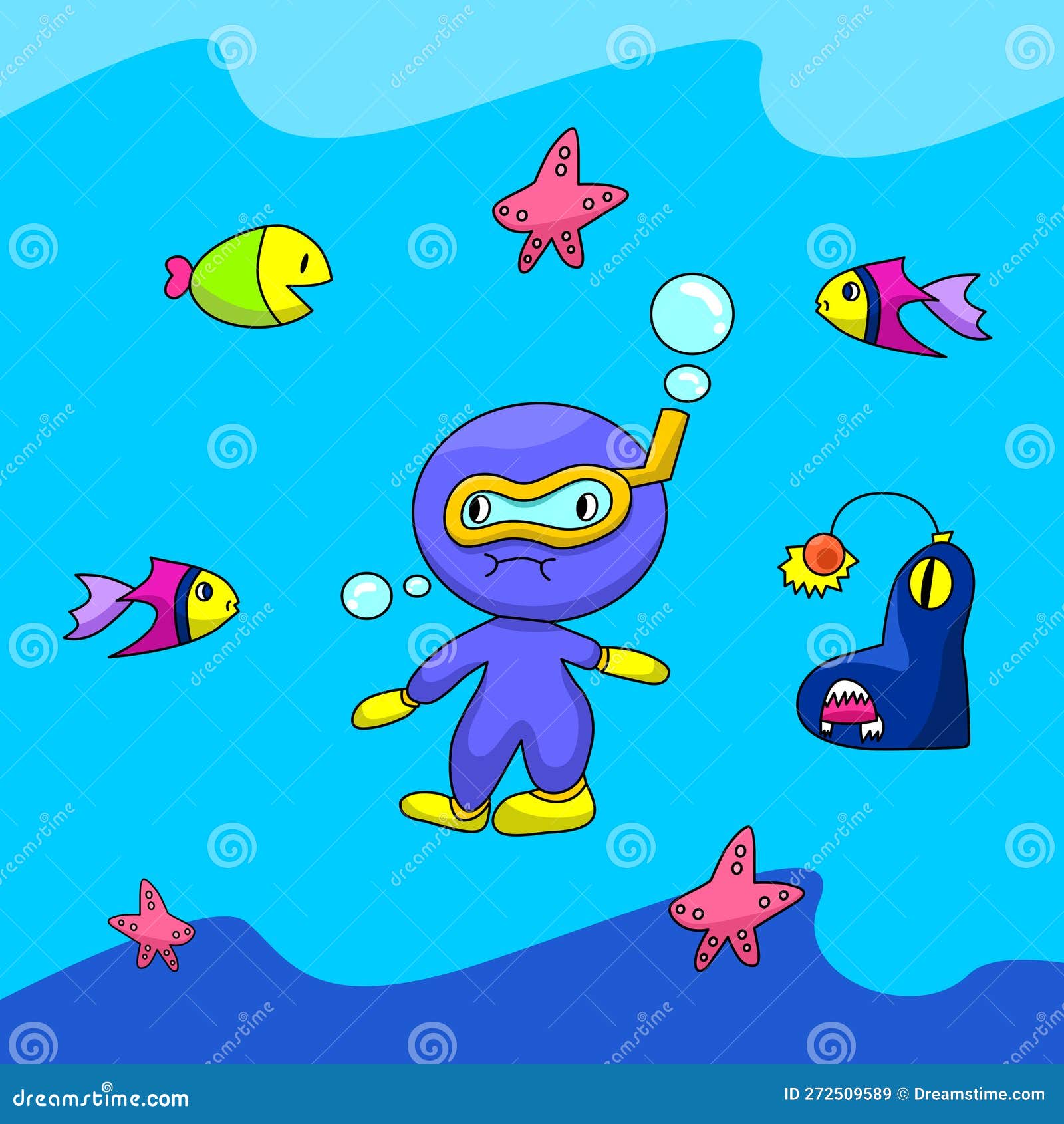 Blue Guy Diving in the Deep Blue Sea Cartoon Vector Stock Vector ...