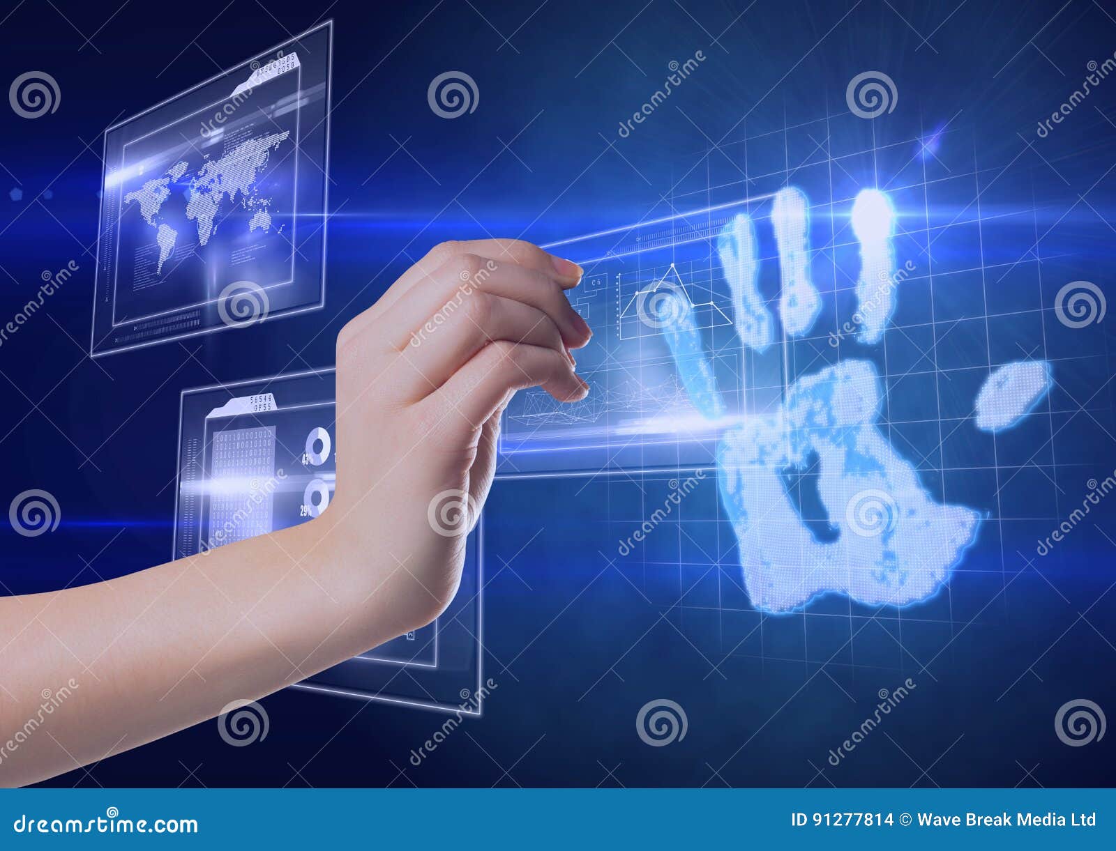 Blue Hand Scan with Two More Screens and Hand Stock Illustration ...