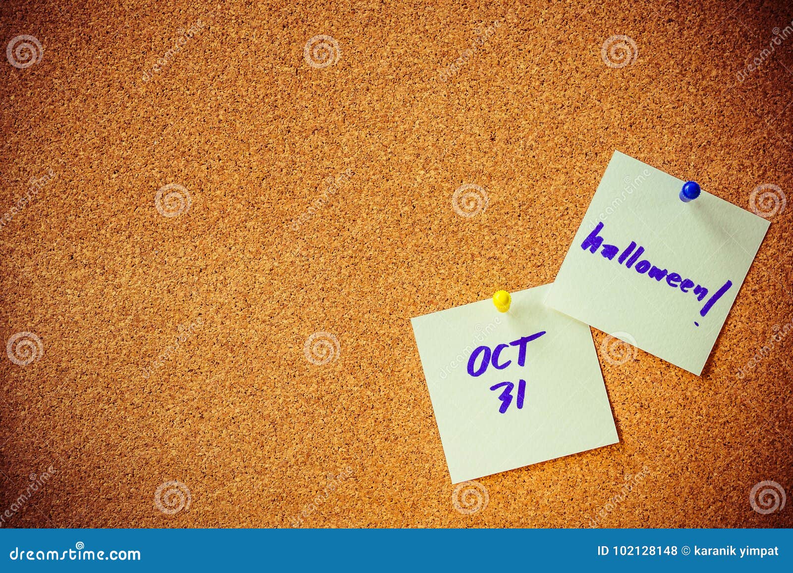Blue Handwriting On White Paper Note Pin On Cork Board With Yellow And