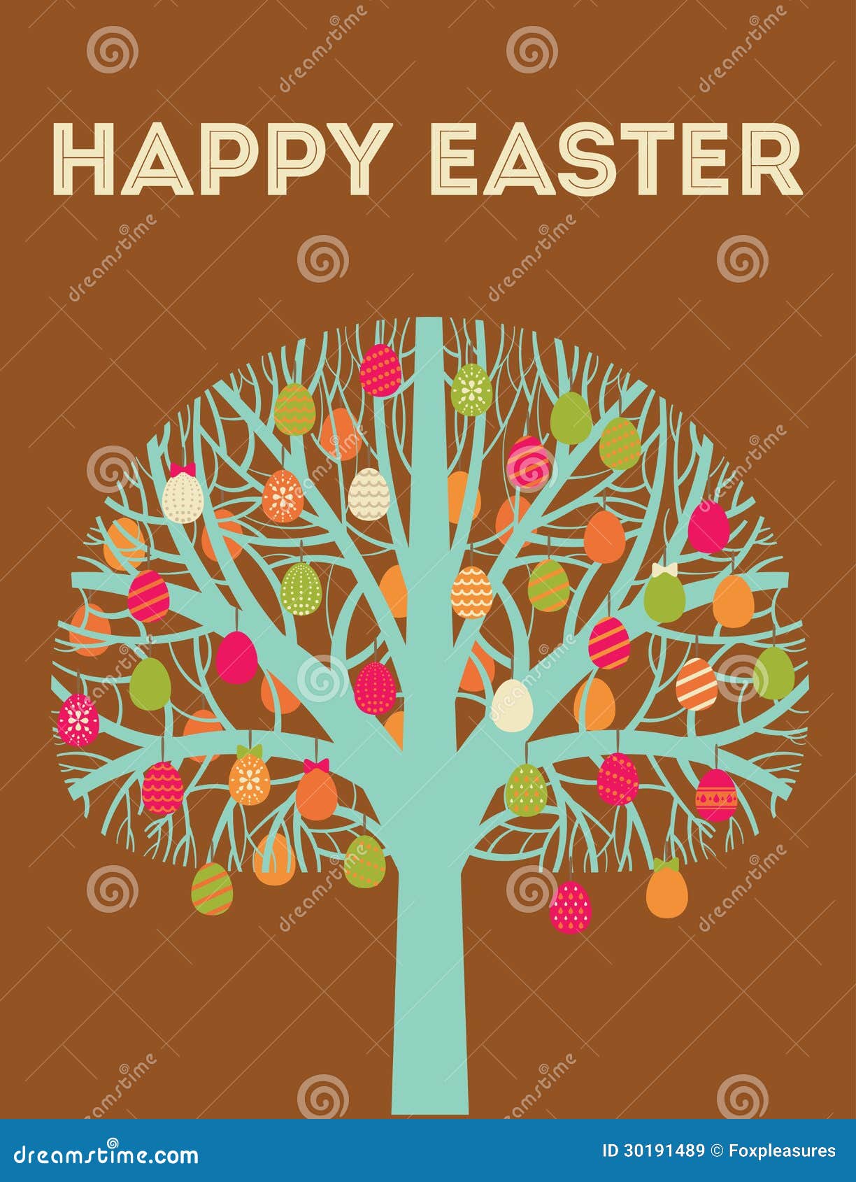 Blue Happy Easter Tree Greeting Card with Eggs in Stock Vector ...