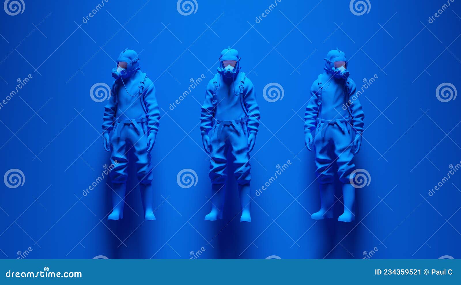 Blue 3 Hazmat Suit Ravers with Blue Background Stock Illustration ...