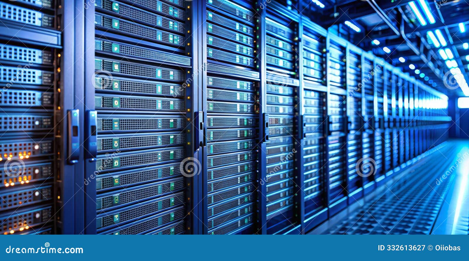 The Blue Heart of Data Rows of Server Racks Glowing Under Neon Lights ...