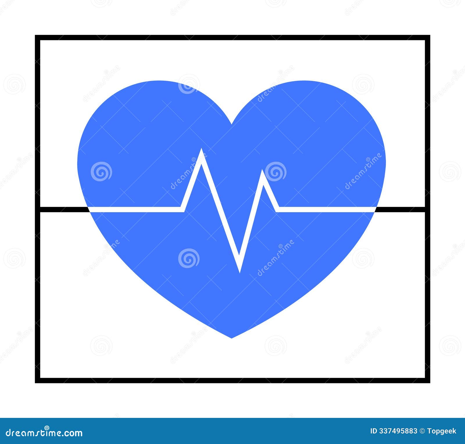 Blue Heart with ECG Line on White Background with Black Border ...