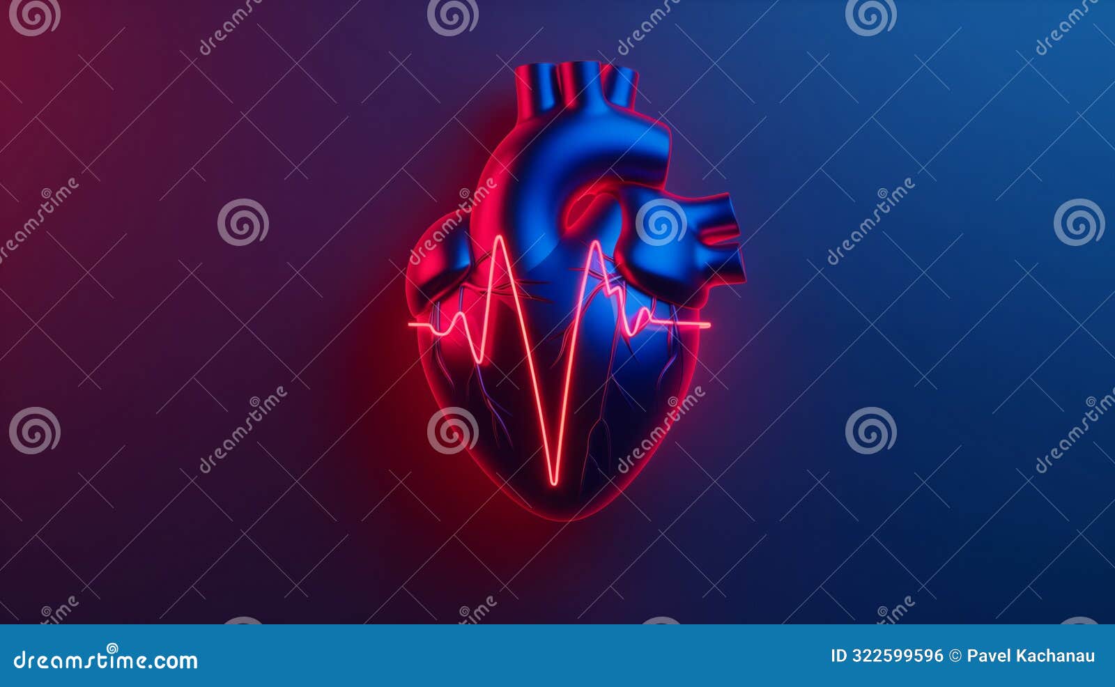 A Blue Heart with a Red Neon EKG Line Stock Illustration - Illustration ...
