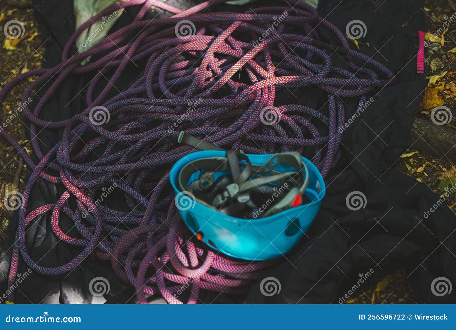 Blue Helmet and Ropes for Rock-climbing Stock Photo - Image of metal ...