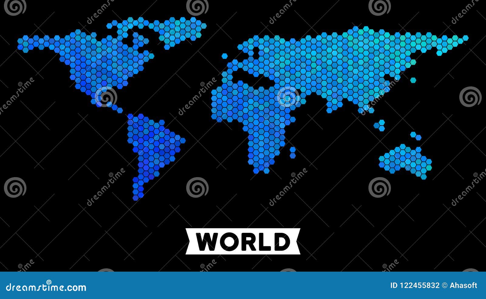Blue Hexagon World Map stock vector. Illustration of continent - 122455832