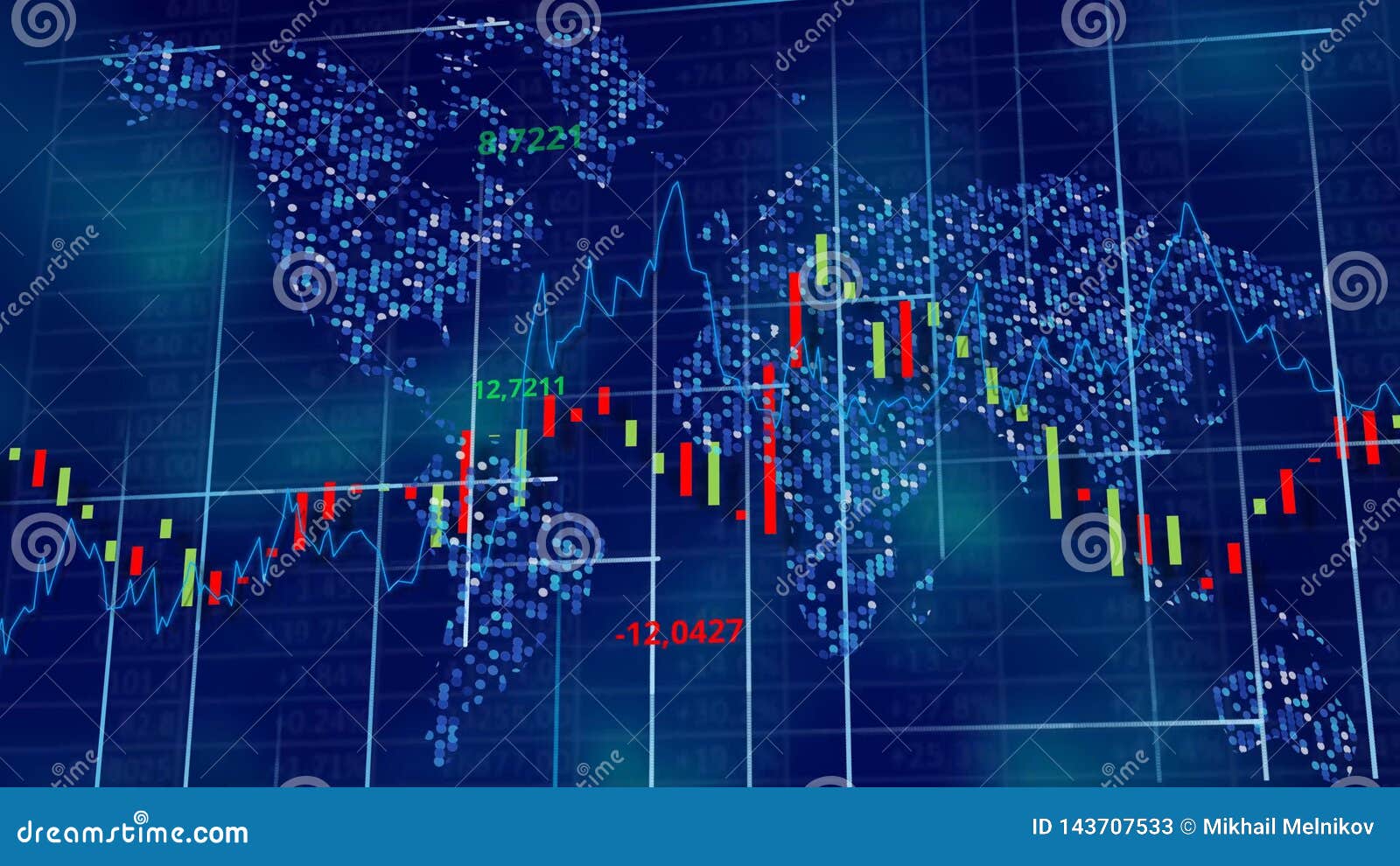 Stock Diagrams With Red Falling Arrow. World Map Behind Digits, Line ...