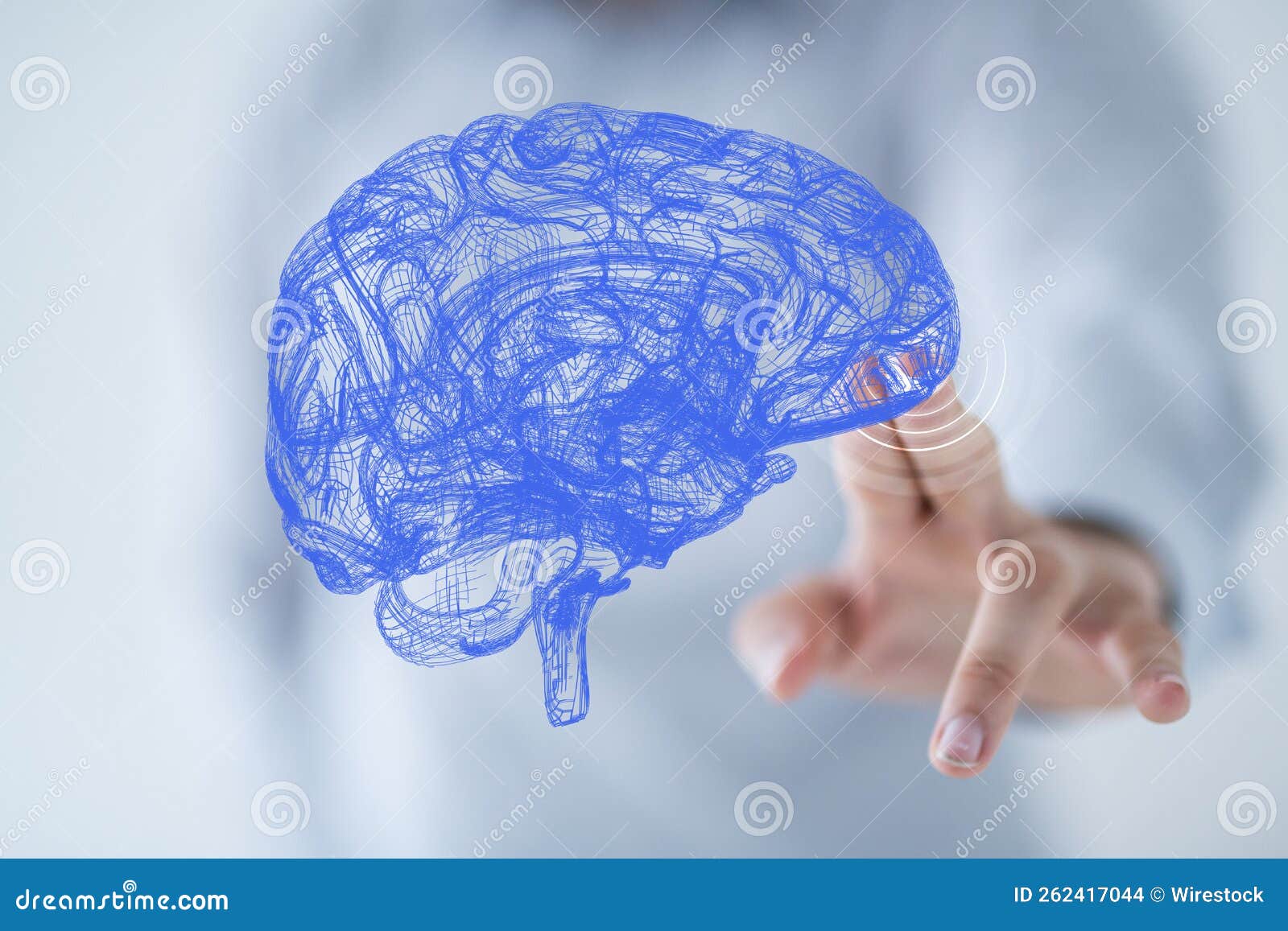 Blue Hologram of a Brain with a Hand Pointing at it. Stock Photo - Image of cerebellum, organ ...
