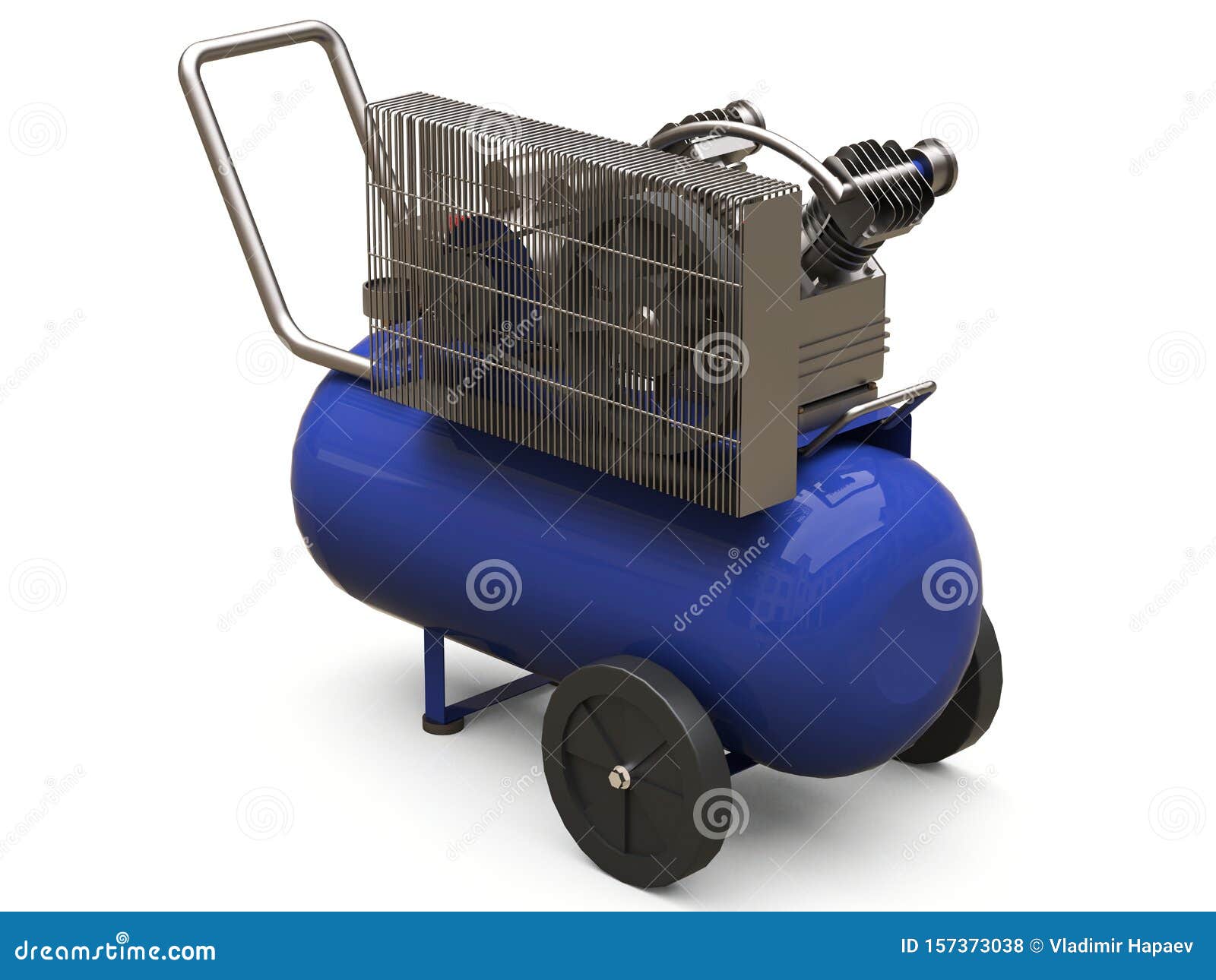 Blue Horizontal Air Compressor Isolated on a White Background. 3d ...