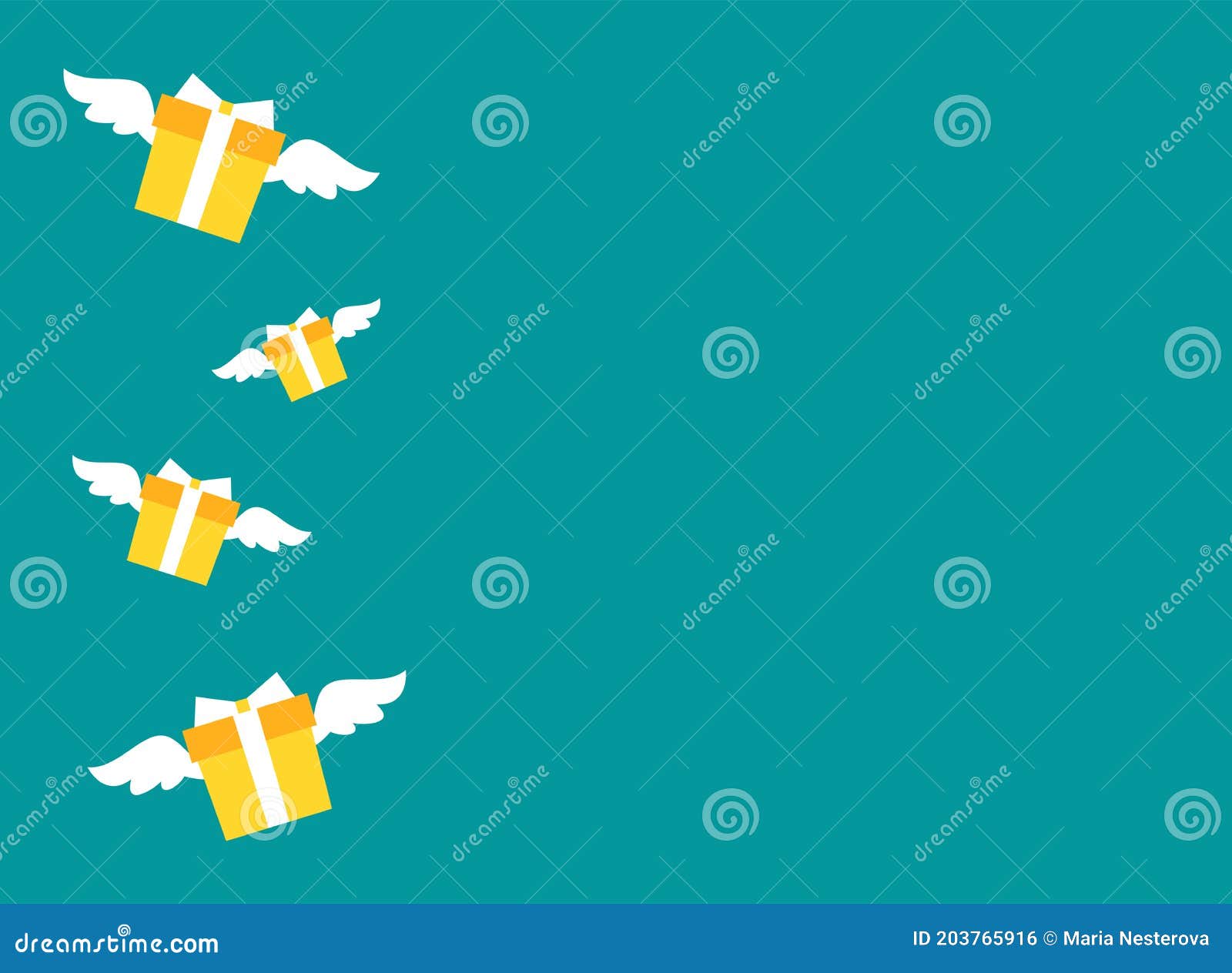 Blue Horizontal Background with Yellow Flying Present Boxex with Wings ...