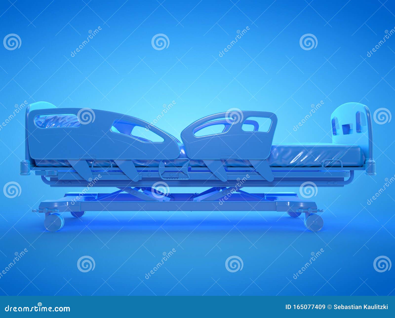 Blue Hospital Bed With Lifting Mechanism On An Autonomous Control Panel ...