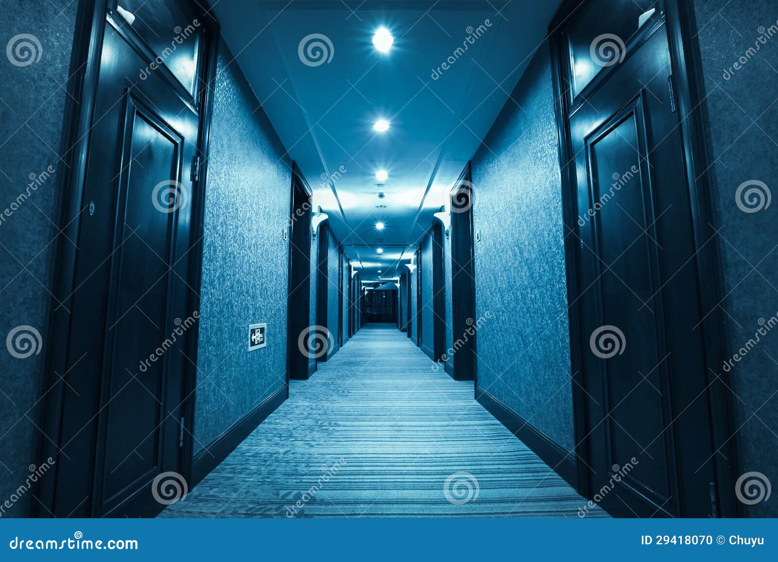 Blue hotel corridor stock photo. Image of dark, blue - 29418070