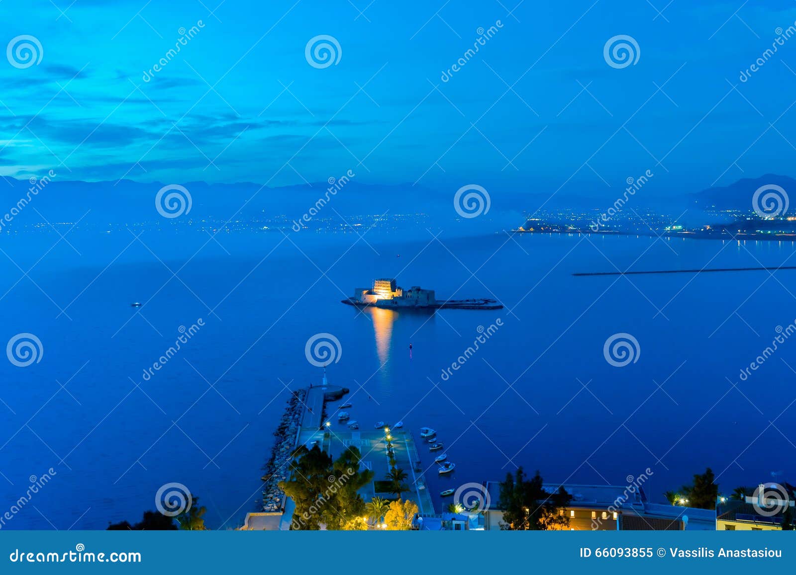 Blue Hour of Bourtzi Castle at Nafplio in Greece. Stock Image - Image ...