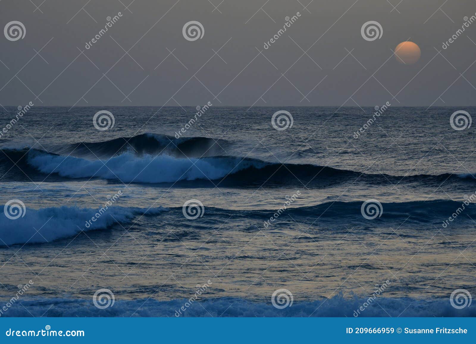 Blue Hour: Ocean Waves and the Moon Stock Image - Image of full, format ...
