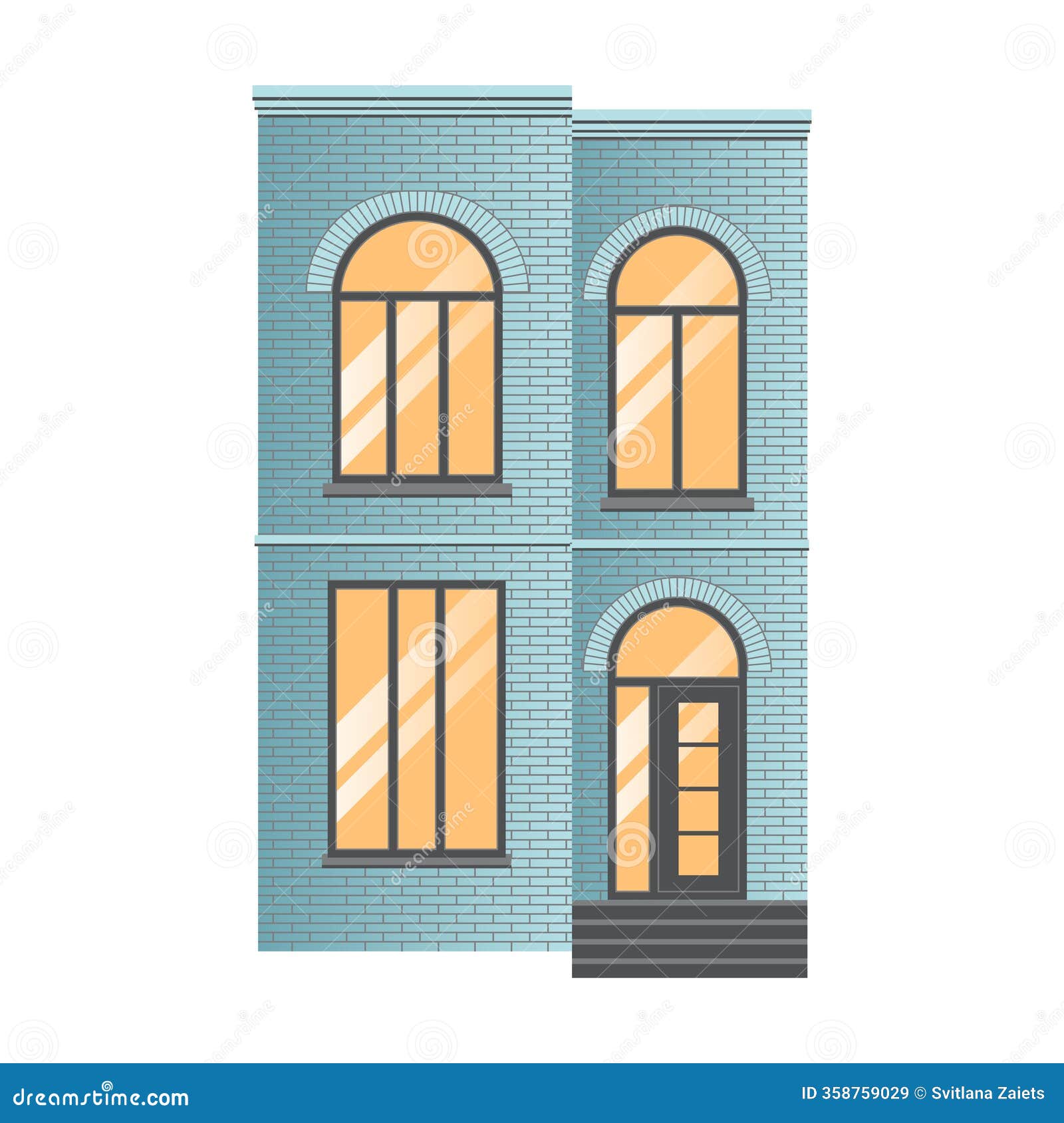 Blue House Building with Brick Walls and Yellow Windows in 2 Floors ...