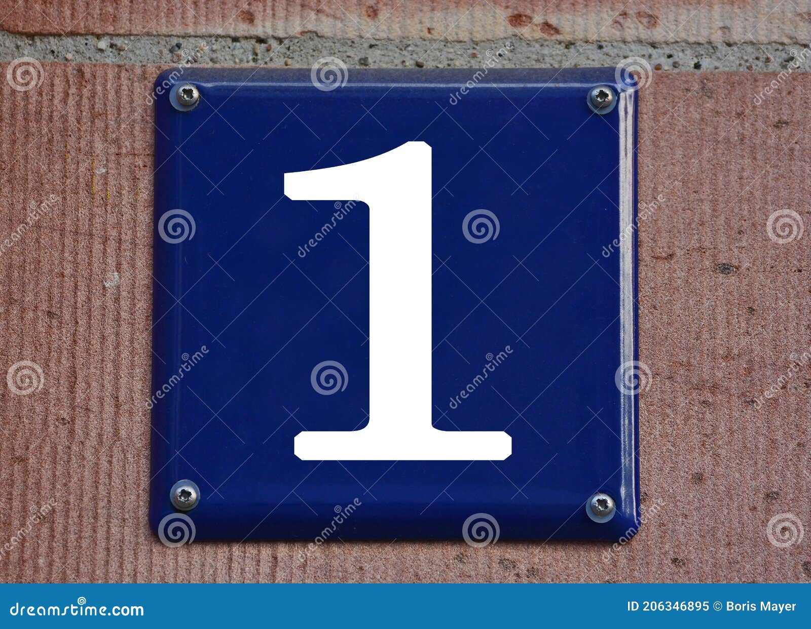 A Blue House Number Plaque on a Red Wall, Showing the Number One Stock ...