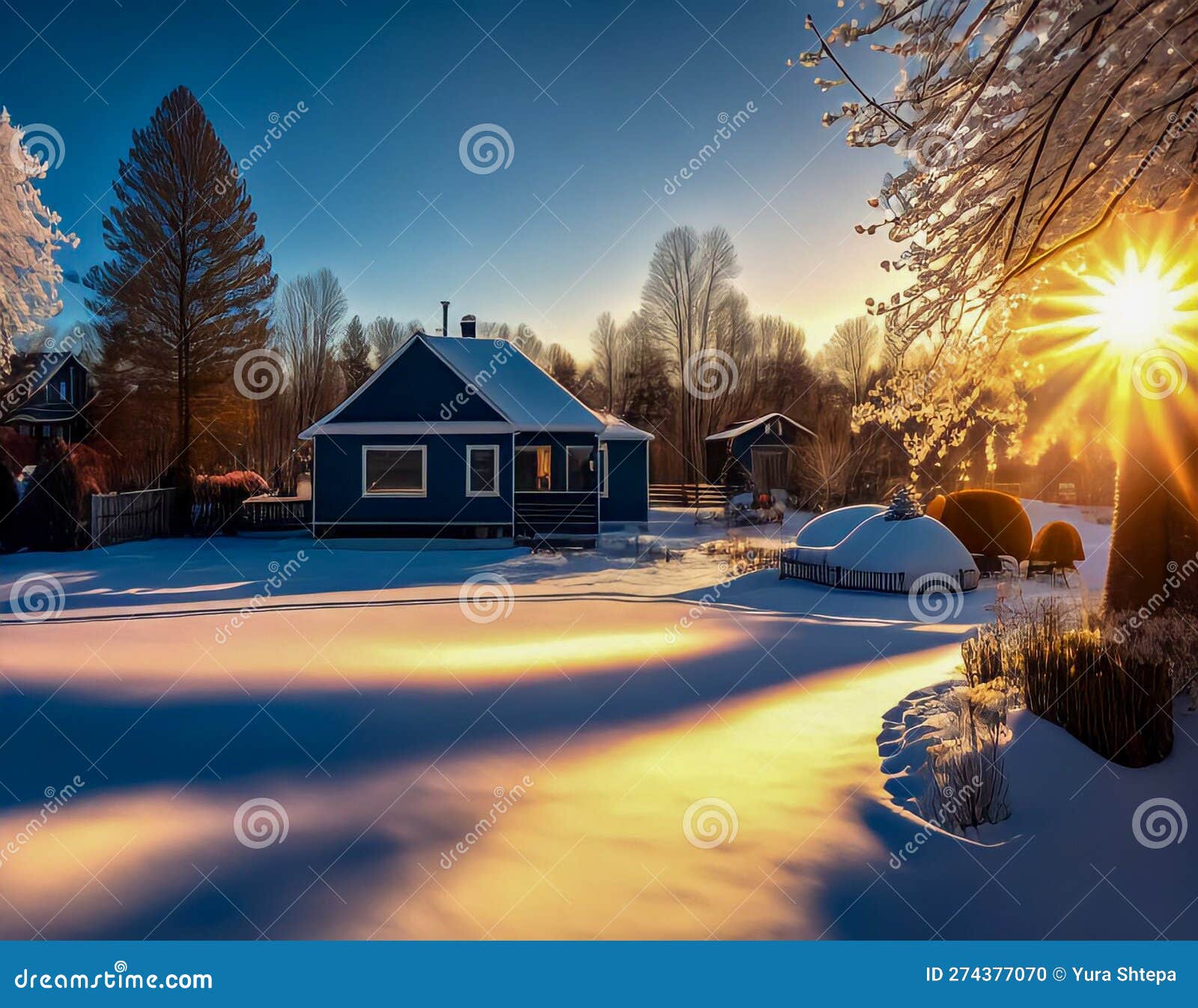 A Blue House with the Sun Shining on the Snow. Landscaping Stock ...