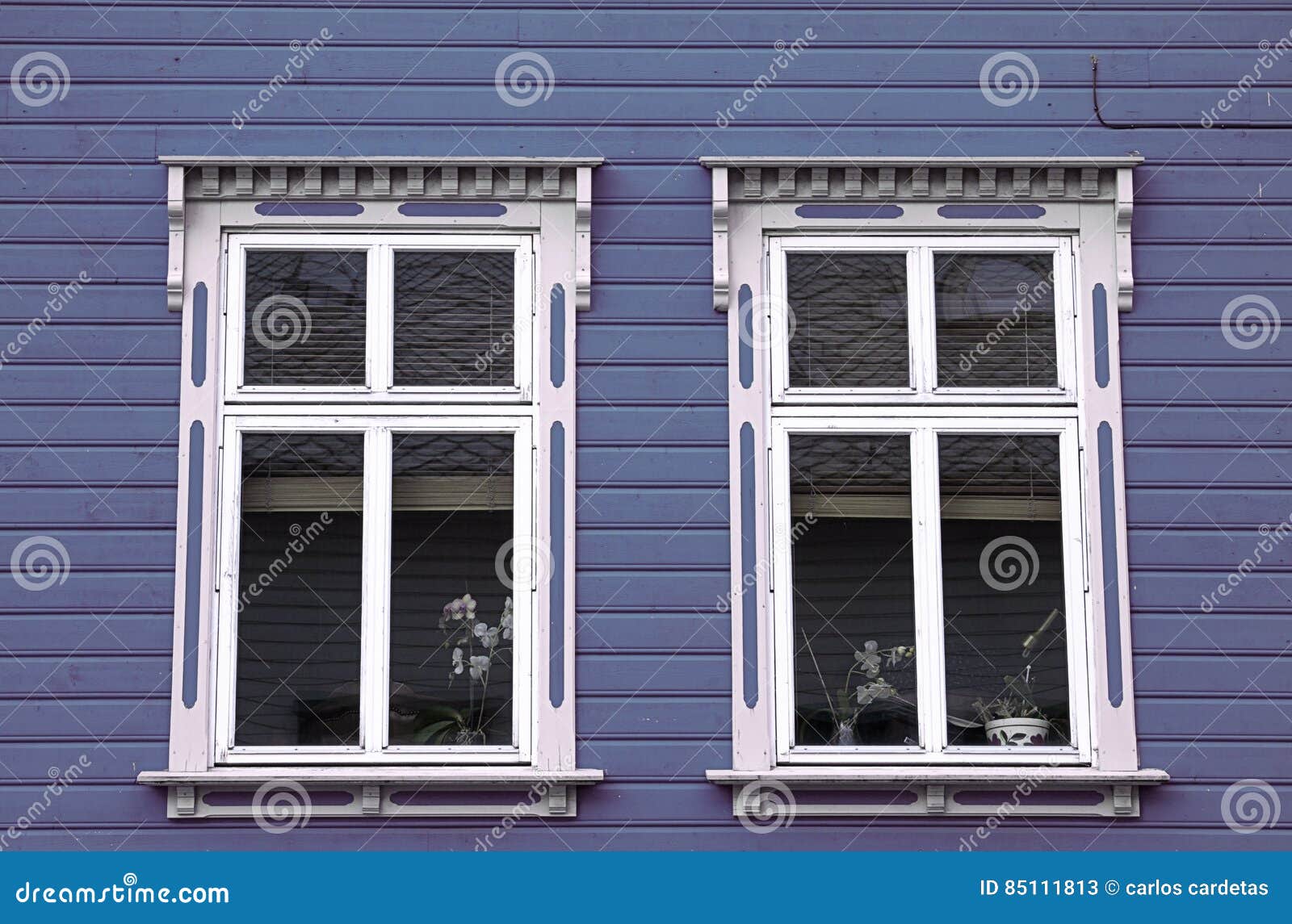 Blue House Two White Windows Stock Image - Image of house, property ...