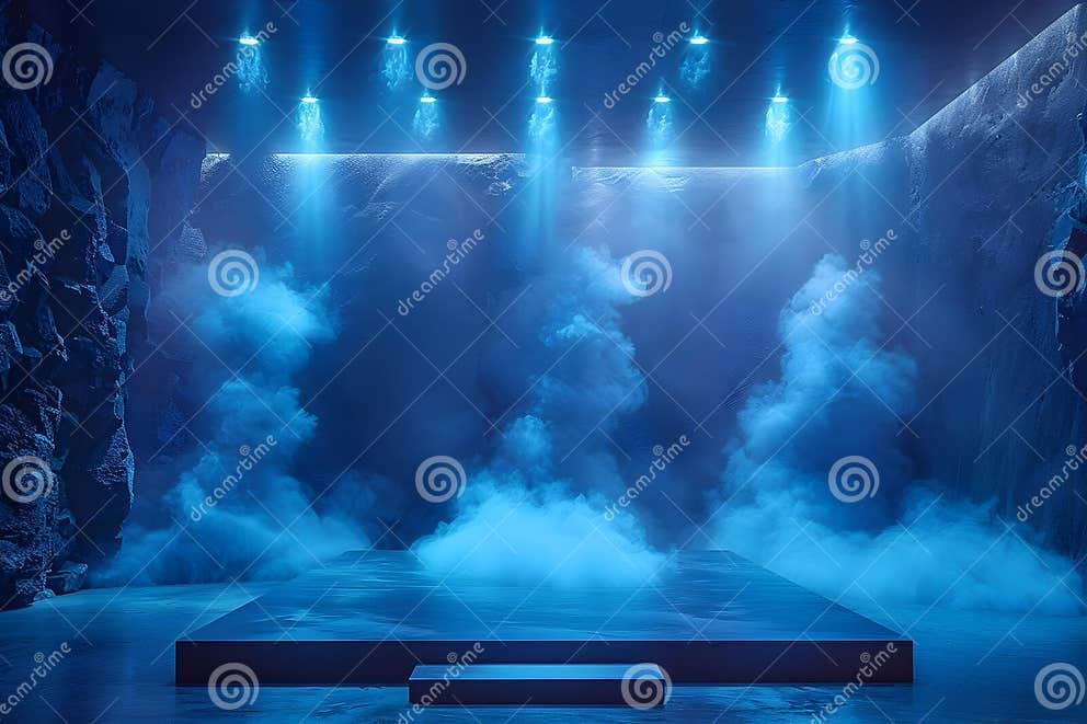 Blue-Hued Stage with Spotlight Ambience & Mist. Concept Blue Stage ...