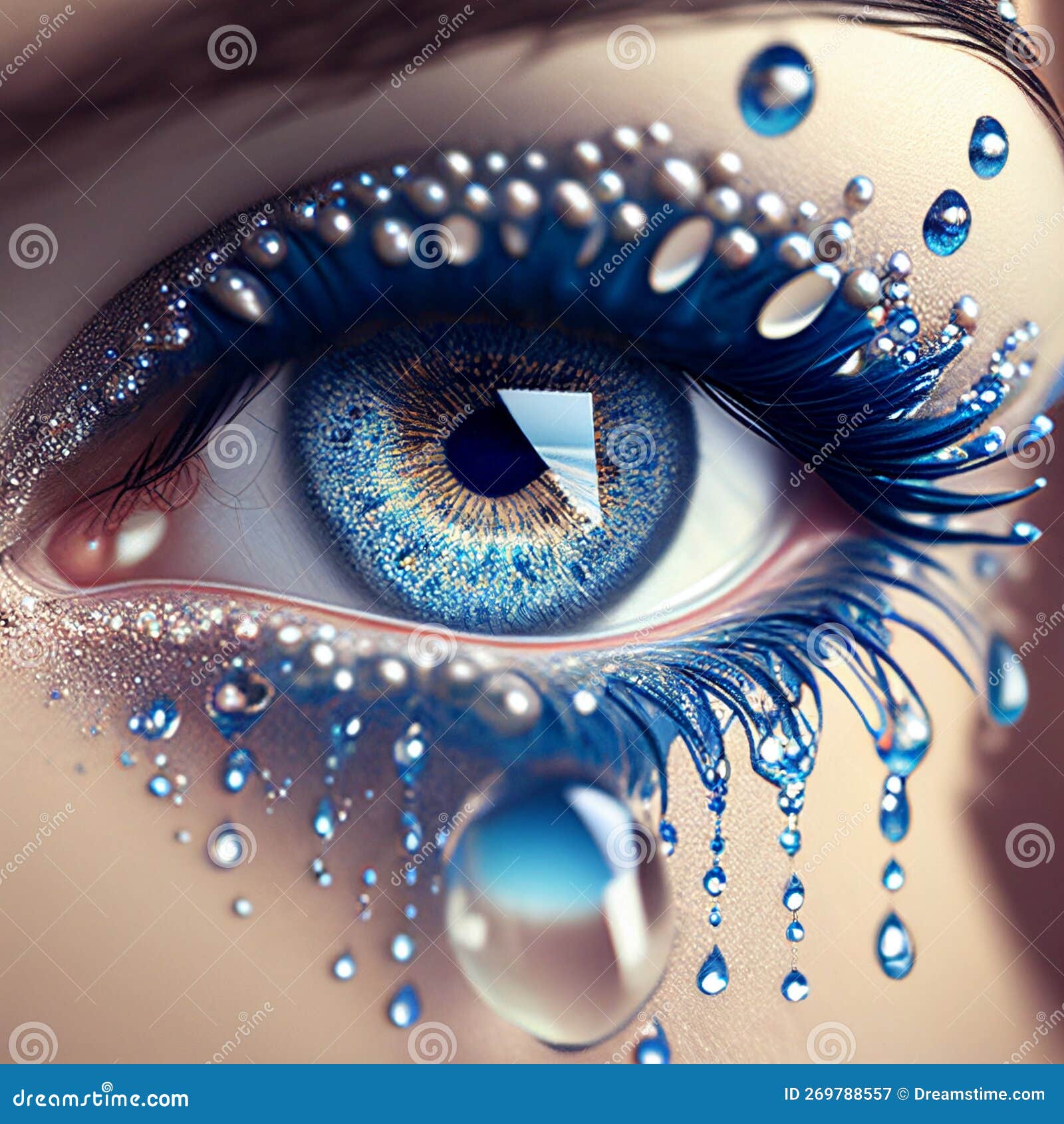 Blue Human Eye With Many Blue Pearls Sapphire Gemstones Glued Close