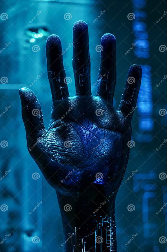 Blue Human Hand with Traces of Cybernetic Patterns on a Blue Background ...