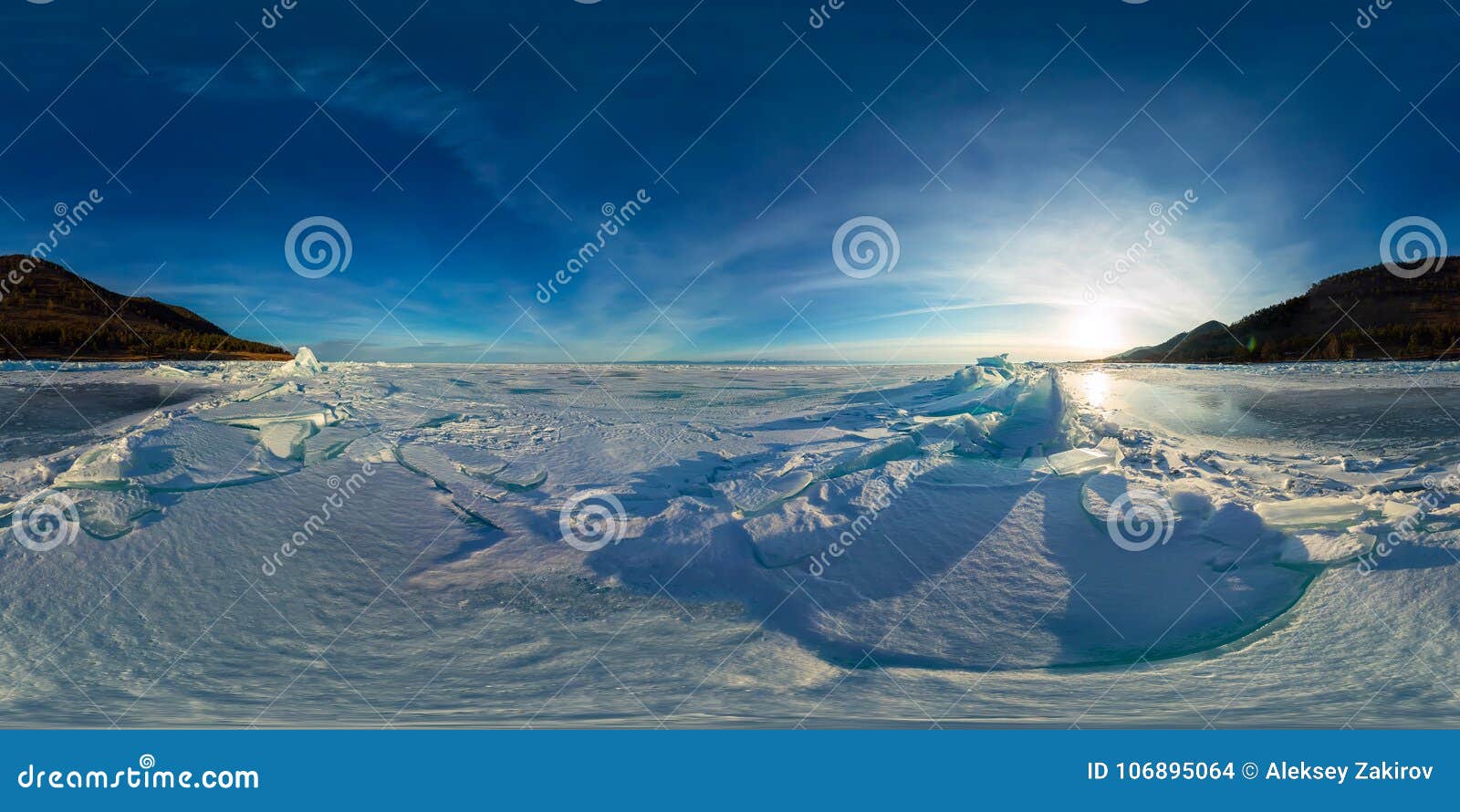 Blue Hummocks of Ice Baikal at Sunset at Olkhon. Spherical Vr 360 180 ...