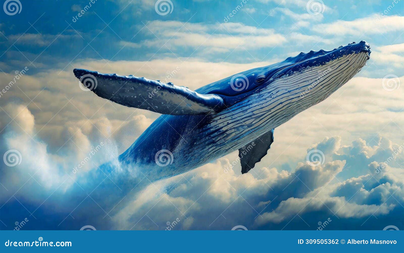 Blue Humpback Whale Flying in a Clear Sky Above the Clouds - Generative ...