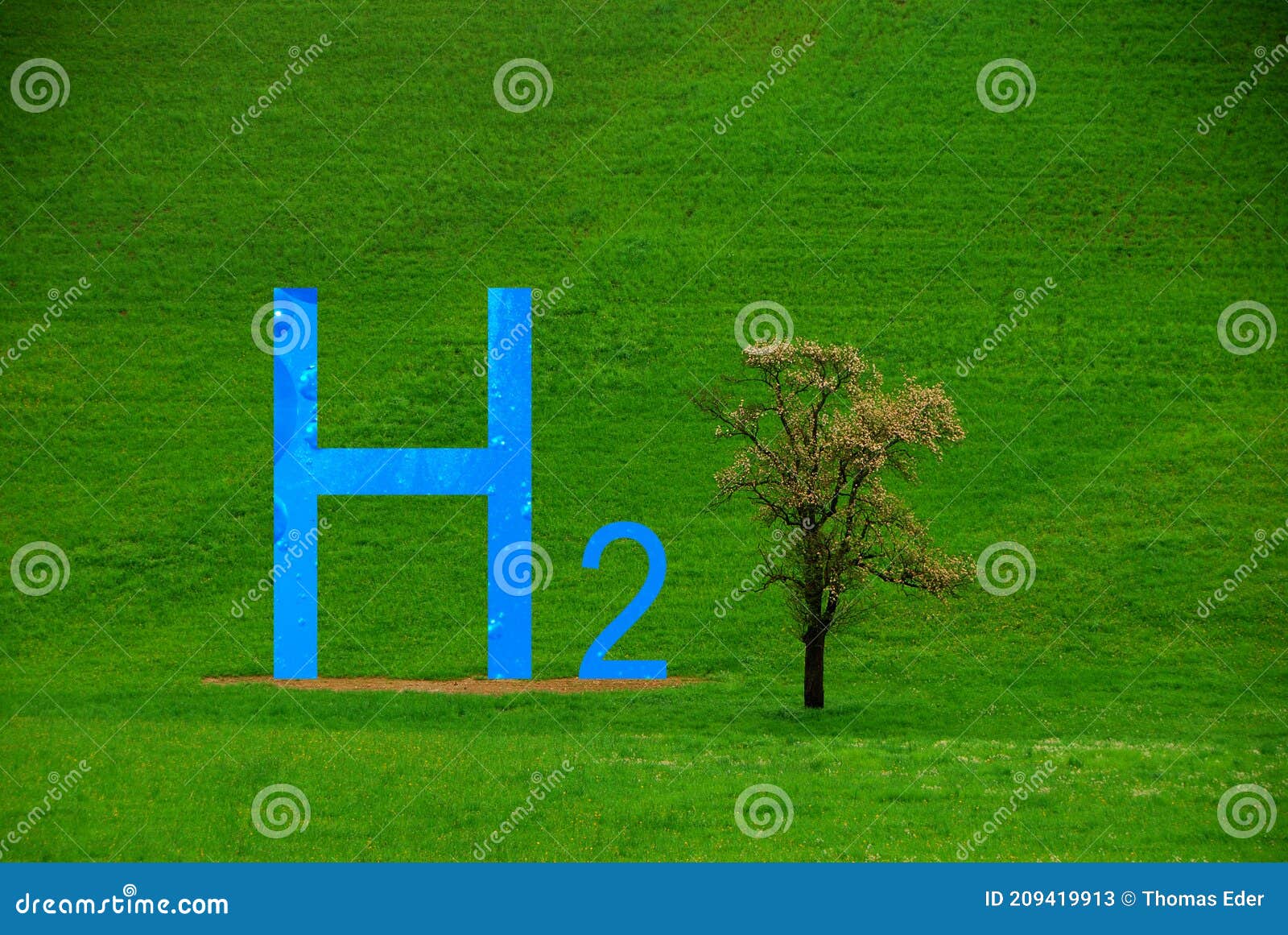 Blue Hydogen H2 Letters Next To a Tree on a Green Meadow Stock Image ...