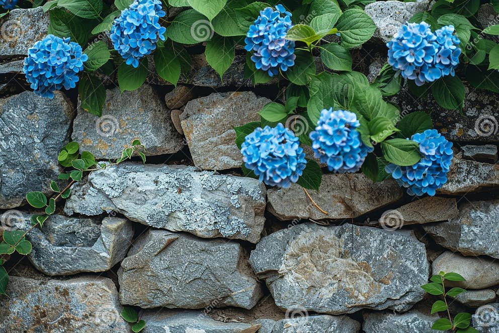 Blue Hydrangea Flowers Blooming on a Stone Wall Stock Illustration ...