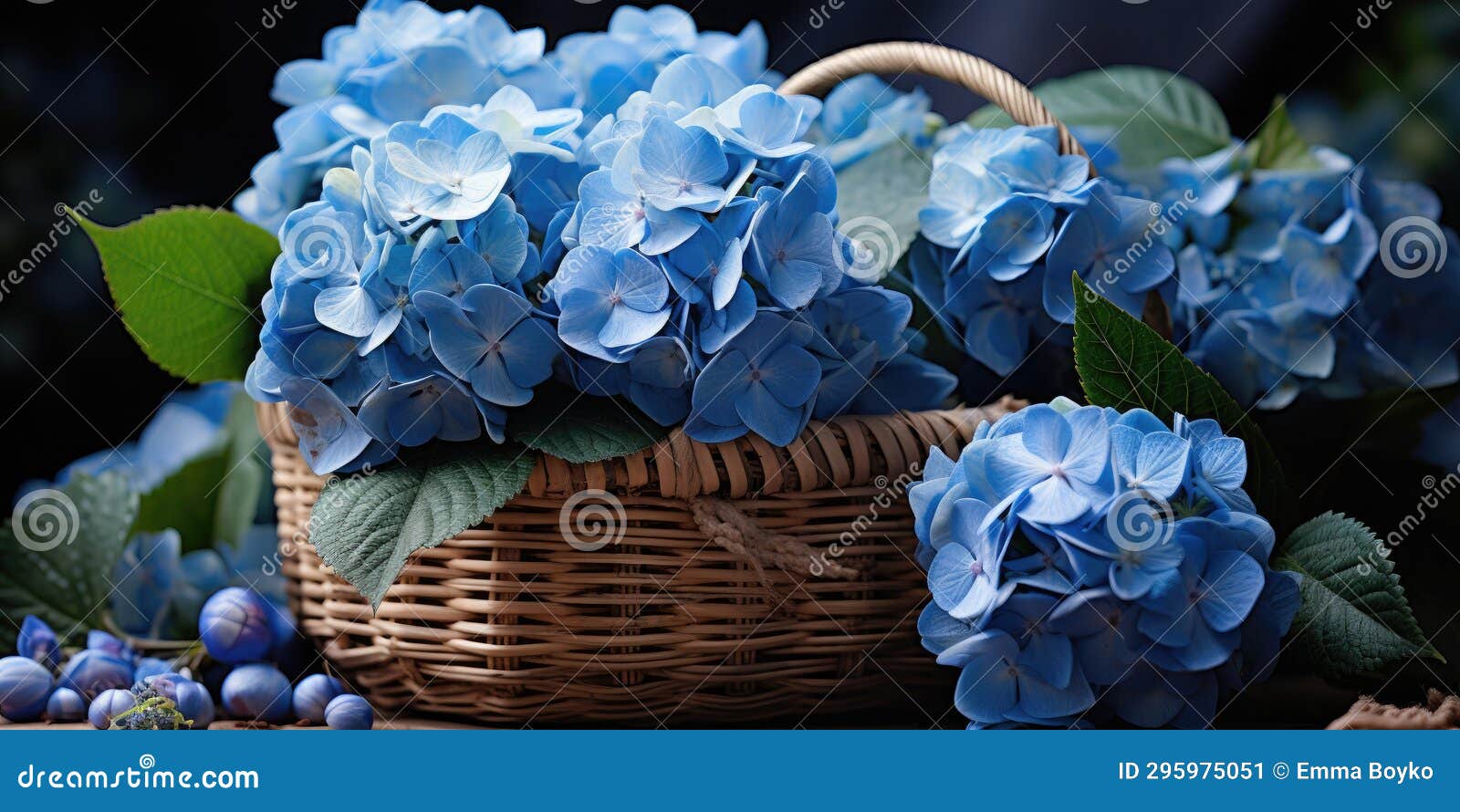 Blue Hydrangeas in a Basket Close-up, Flowers. Generative AI Stock ...