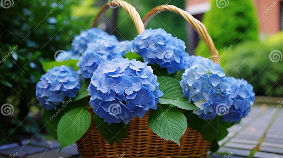 Blue Hydrangeas in Basket Set in Garden Scene Stock Illustration ...