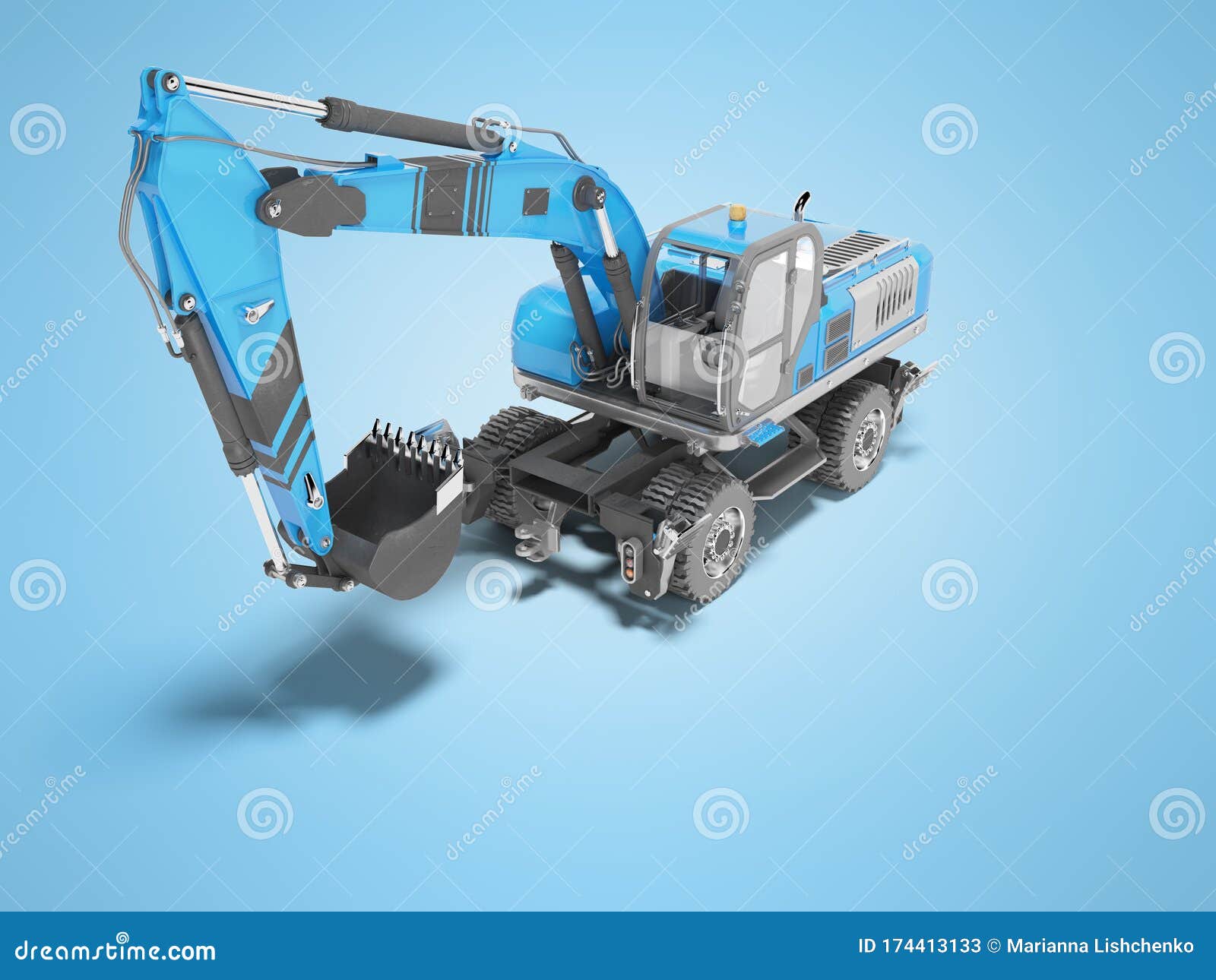 Blue Hydraulic Wheeled Excavator Perspective View 3D Rendering On Blue ...