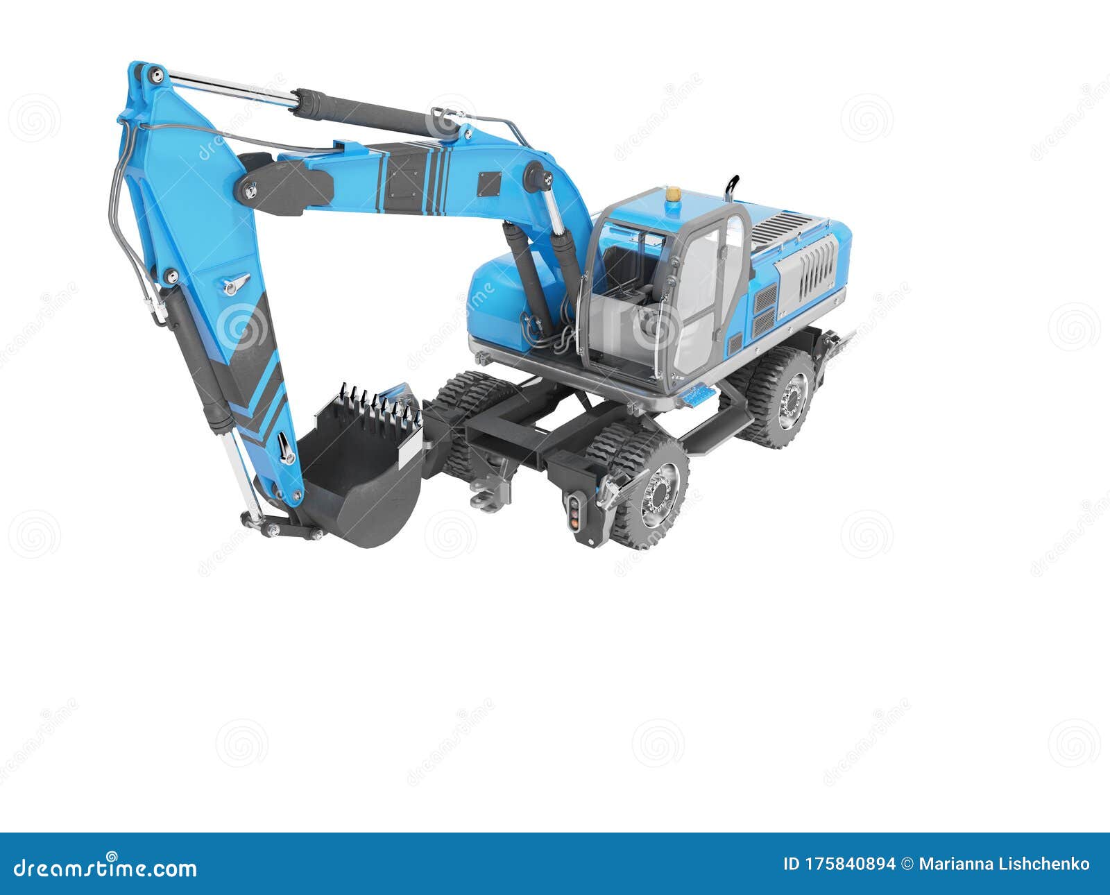 Blue Hydraulic Wheeled Excavator Perspective View 3D Rendering On Blue ...