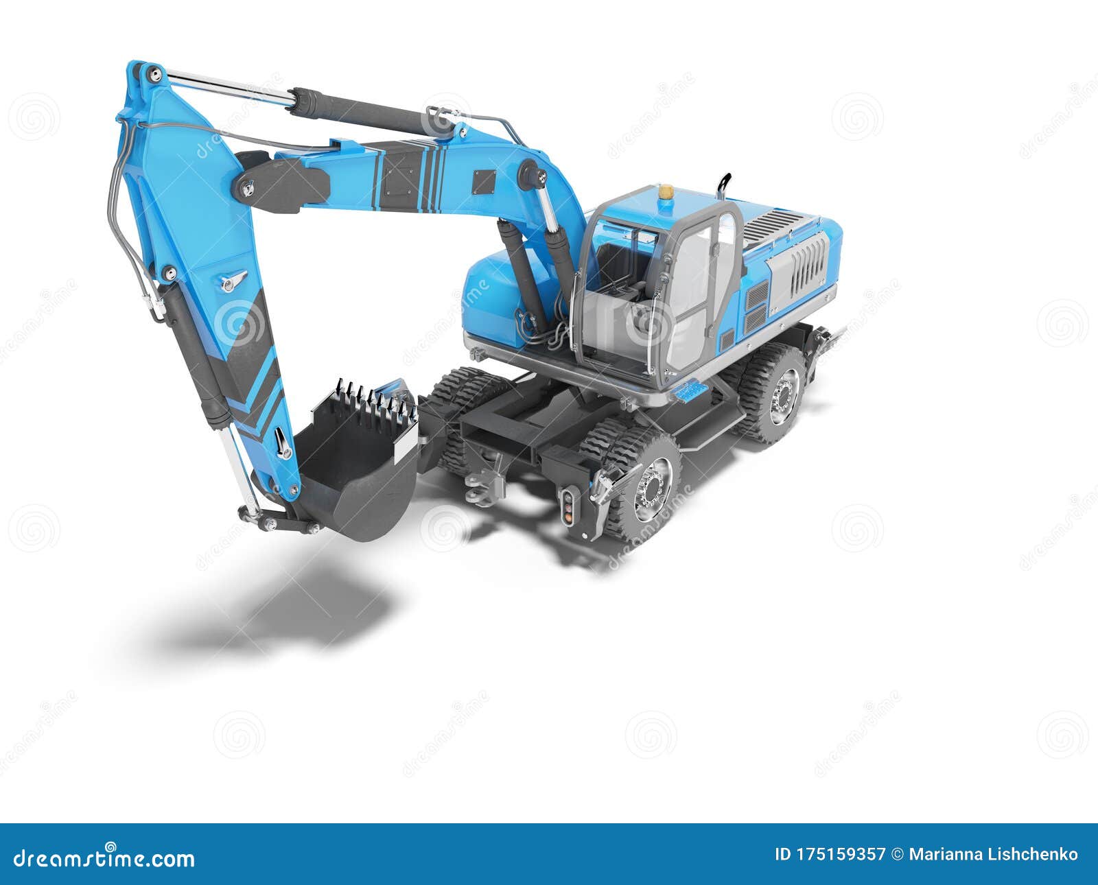 Blue Hydraulic Wheeled Excavator Perspective View 3D Rendering On Blue ...