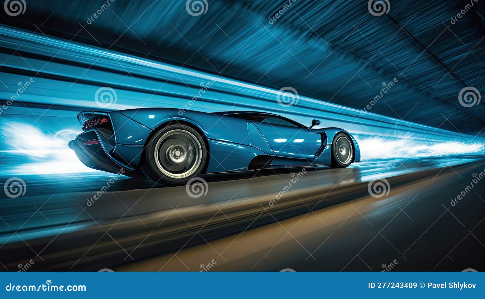 Blue Hypercar Moves at High Speed in a Tunnel Stock Illustration ...