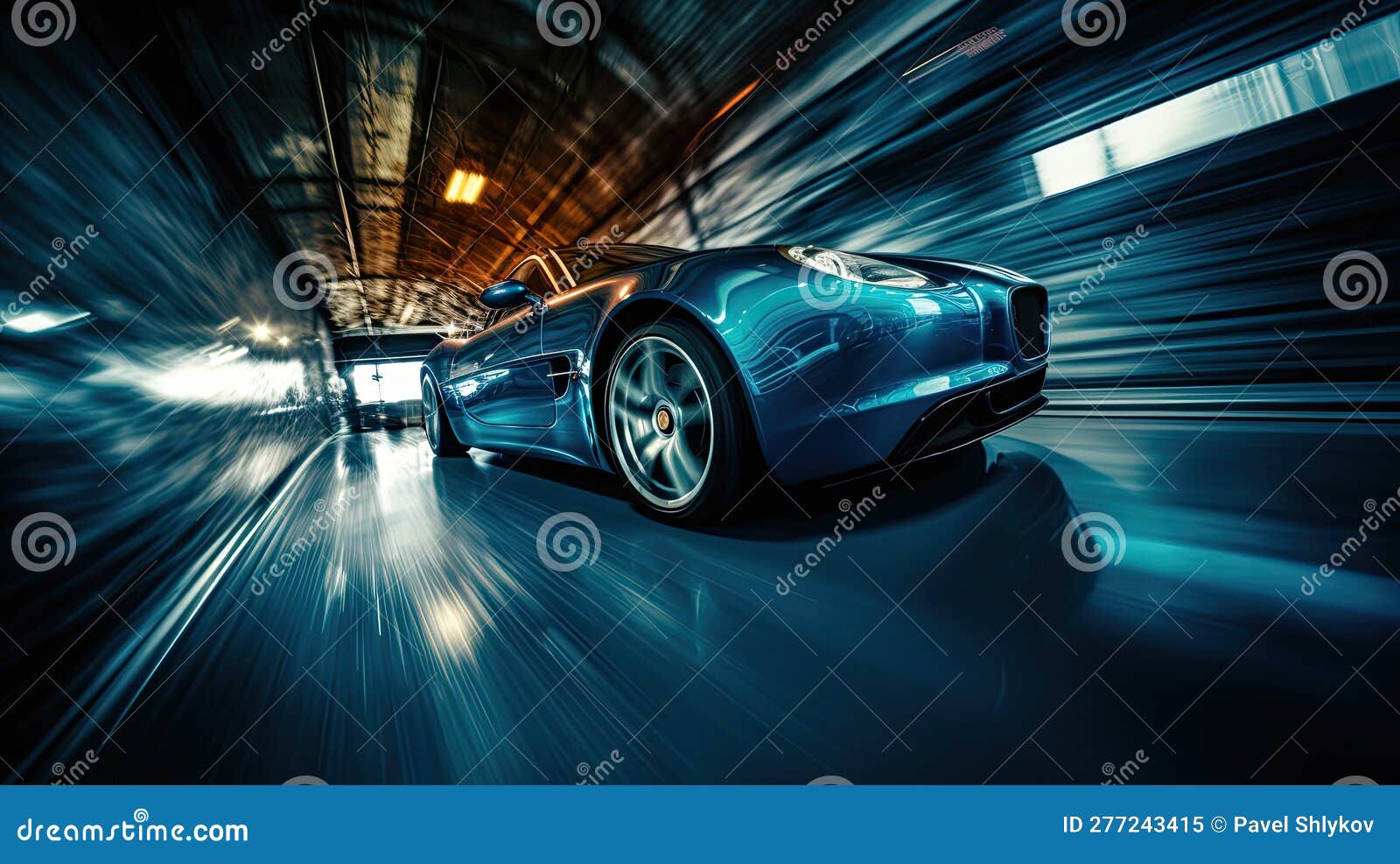Blue Hypercar Moves at High Speed in a Tunnel Stock Illustration ...