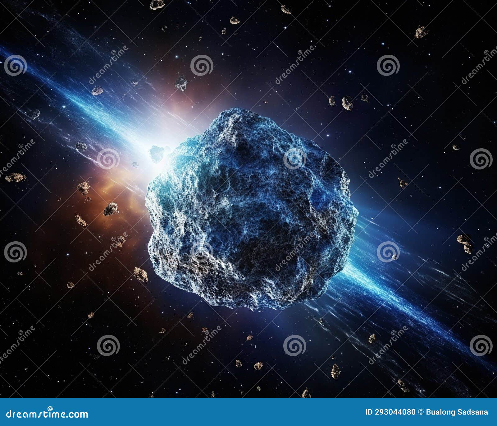 The Blue Ice Asteroid is Flying in Outer Space with a Sunray in the ...