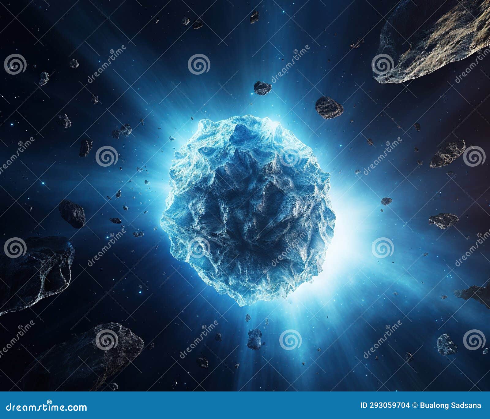 The Blue Ice Asteroid is Flying in Outer Space with a Sunray in the ...