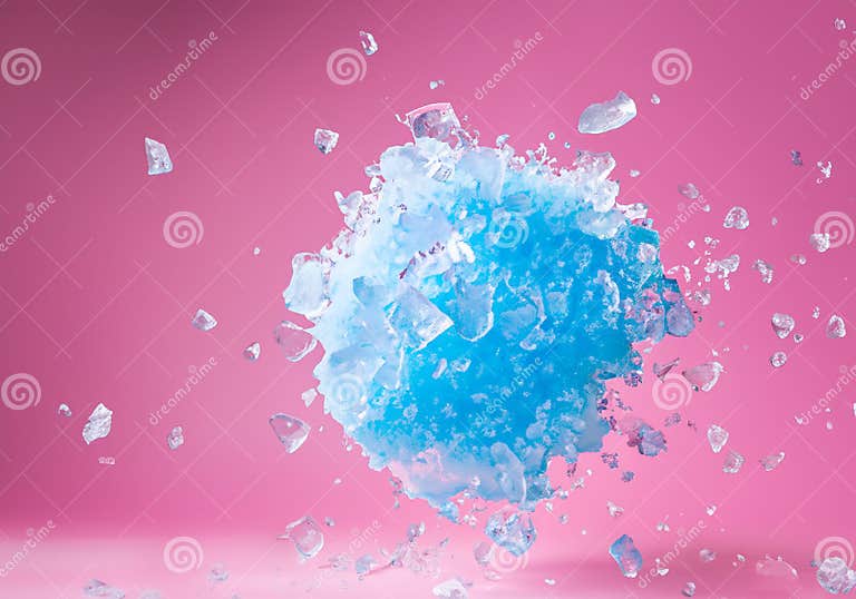 Blue Ice Block Exploding into Shards on Pink Pastel Background Stock ...
