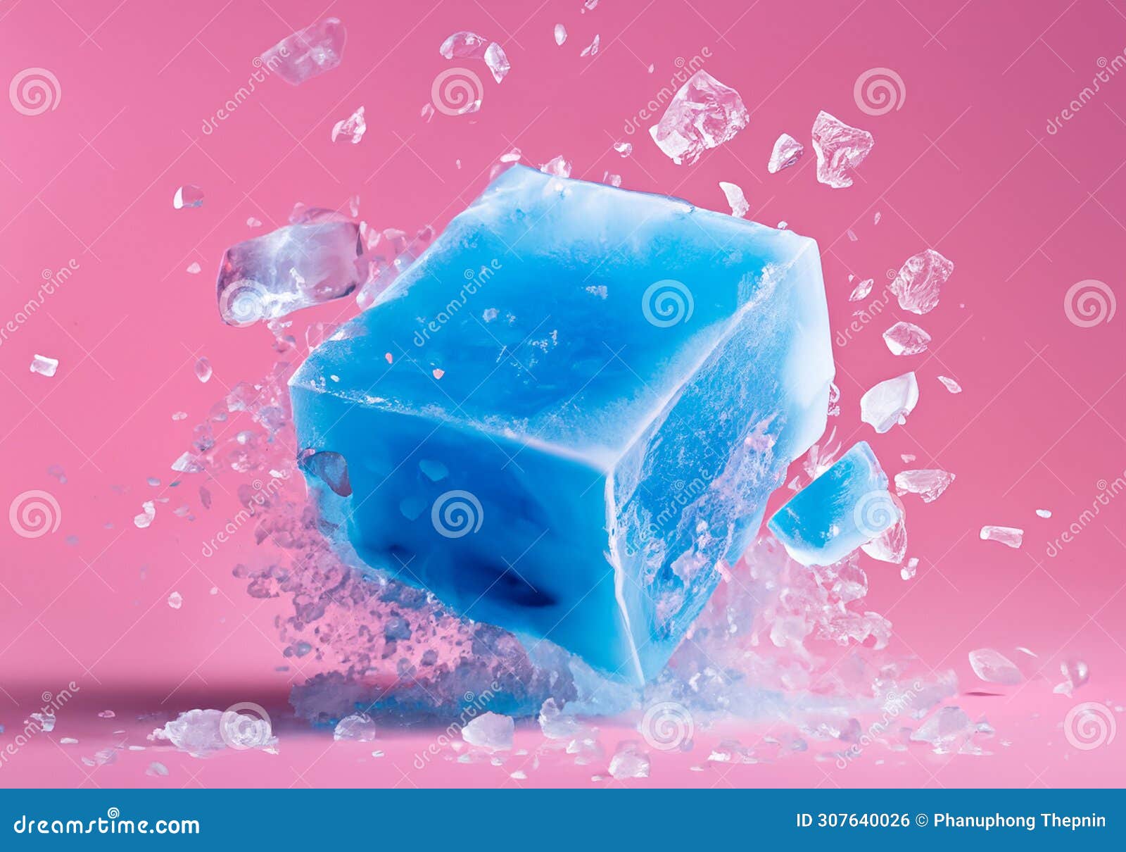 Blue Ice Block Exploding into Shards on Pink Pastel Background Stock ...