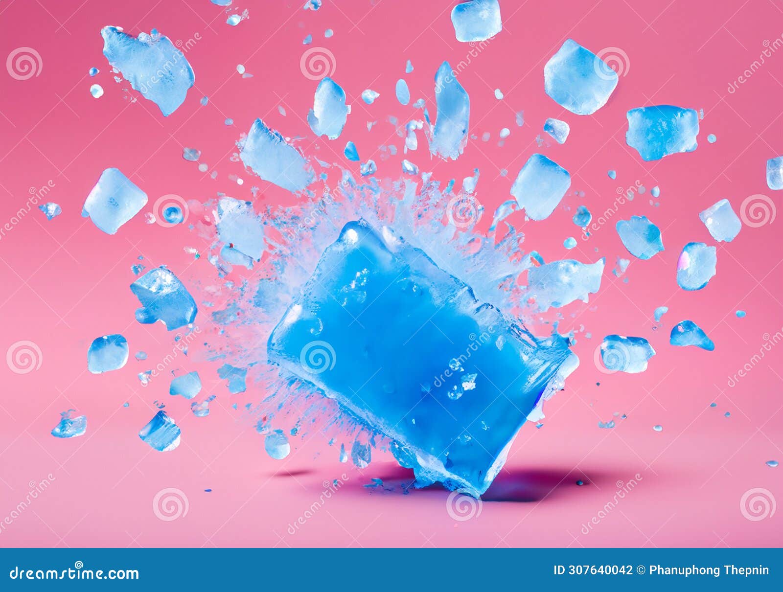 Blue Ice Block Exploding into Shards on Pink Pastel Background Stock ...