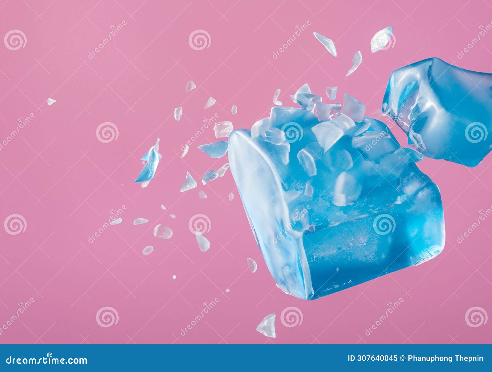 Blue Ice Block Exploding into Shards on Pink Pastel Background Stock ...