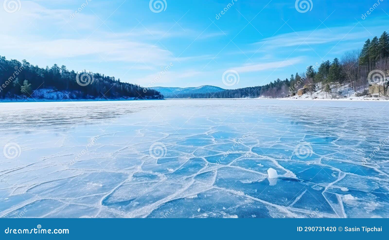 Blue Ice and Cracks on the Surface of the Ice. Frozen Lake Under a Blue ...