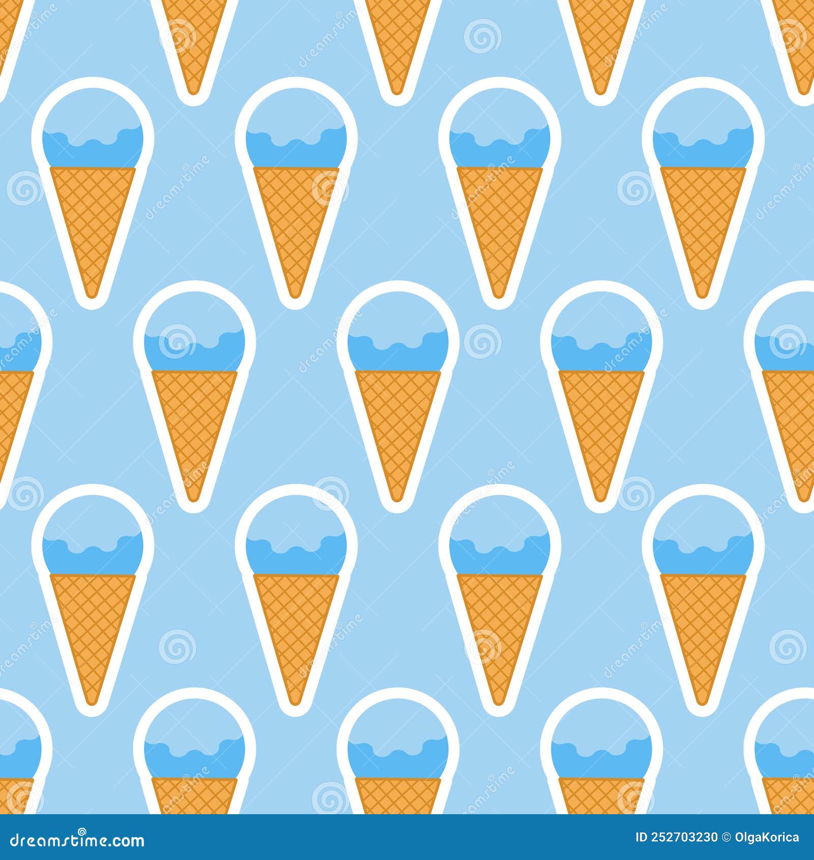 Blue Ice Cream Scoop In Waffle Cone Seamless Pattern Background Stock